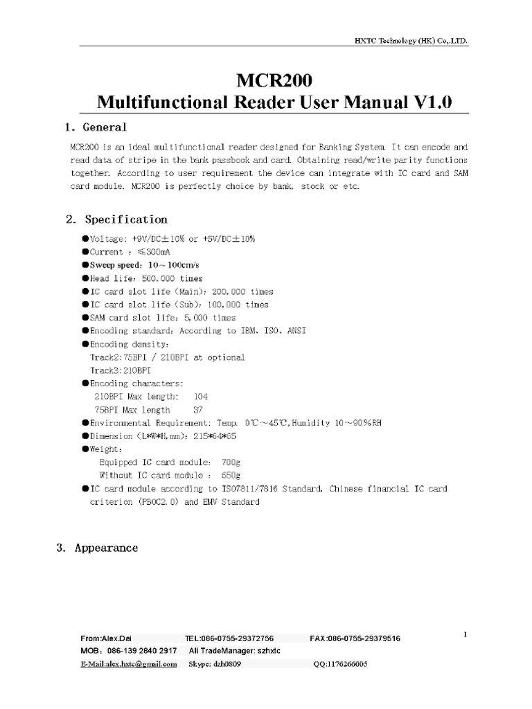 MCR200 Multifunctional Reader User Manual V1.0 | PDF
