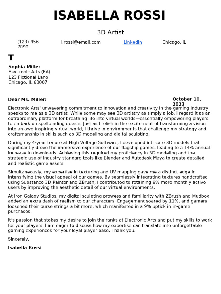 3D Artist Cover Letter for EA | PDF