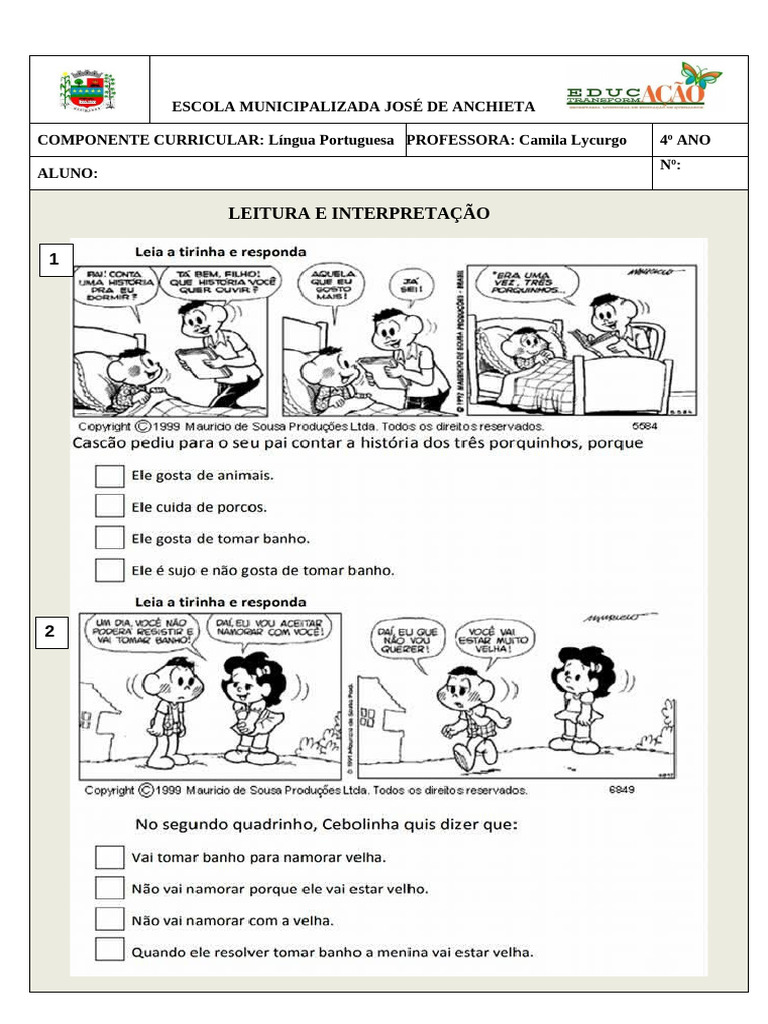 Tirinhas Turma Da Mônica Interpretação Pdf