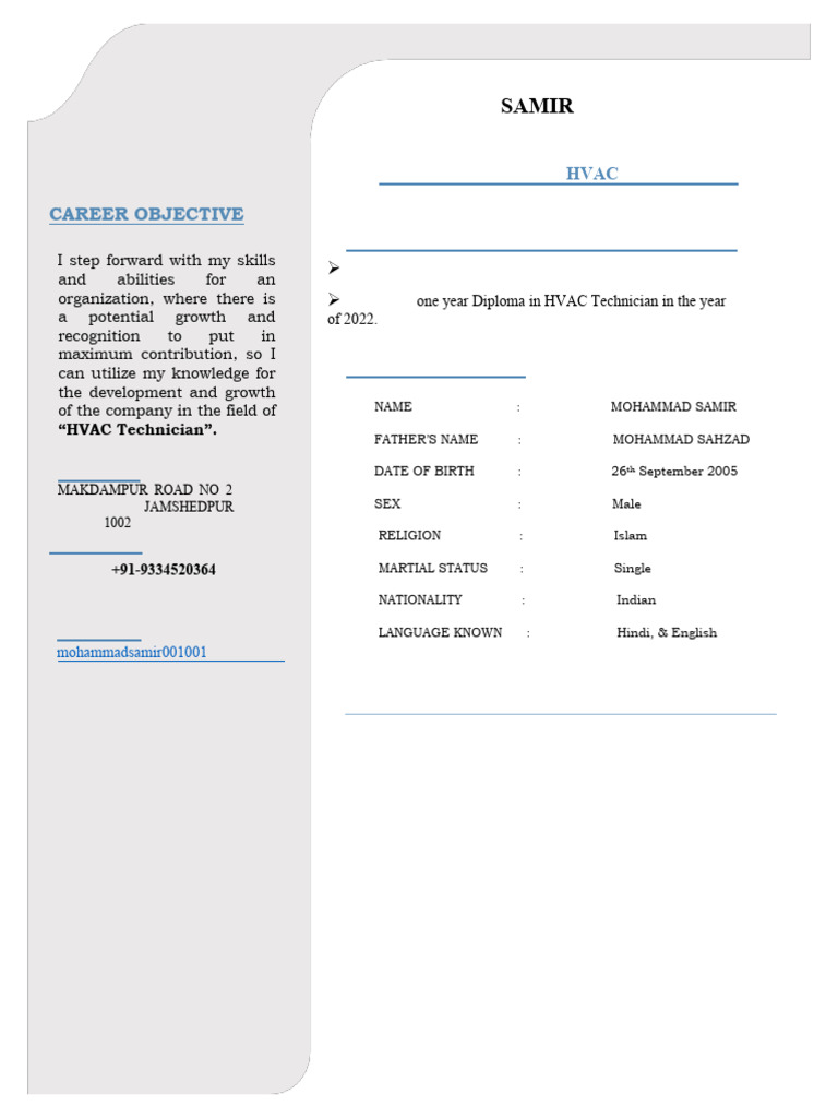 HVAC Technician Resume: Mohammad Samir | PDF