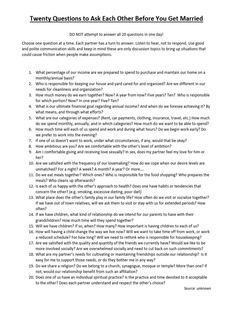 20 Questions To Ask Each Other Before You Get Married | PDF