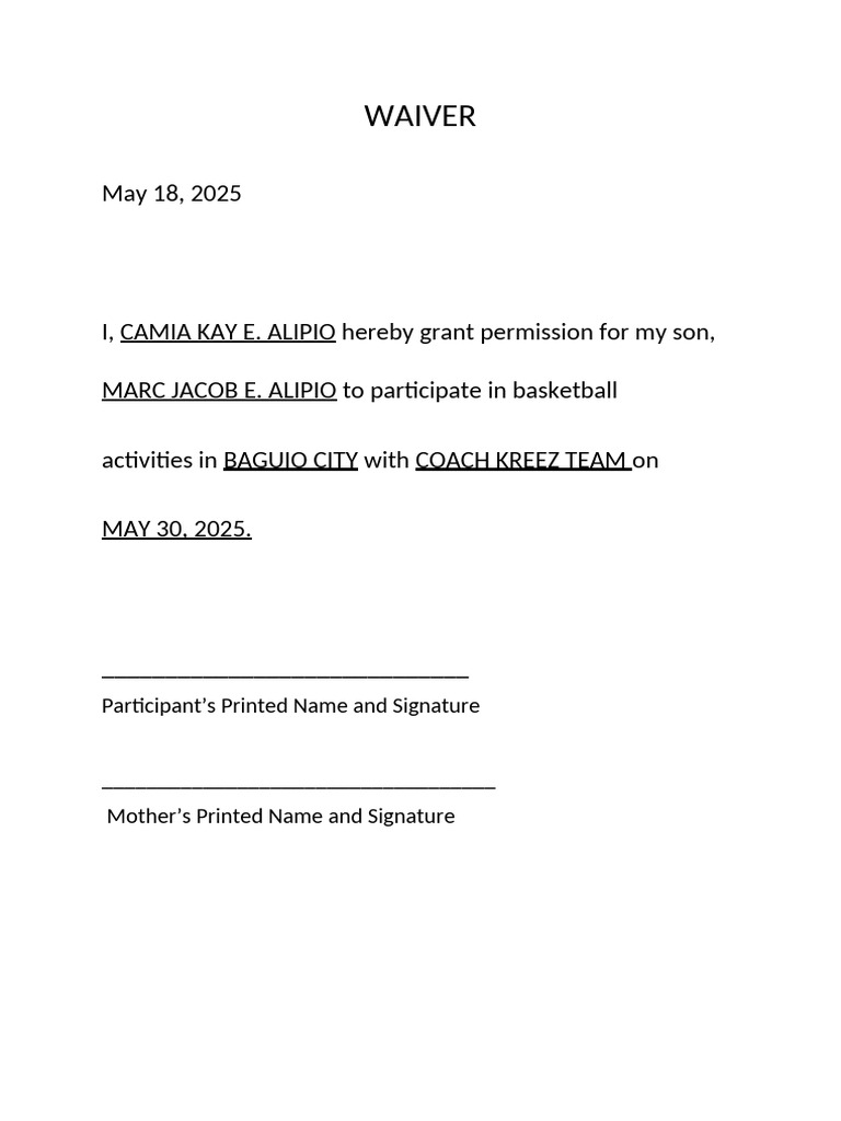 Basketball Participation Waiver Form | PDF