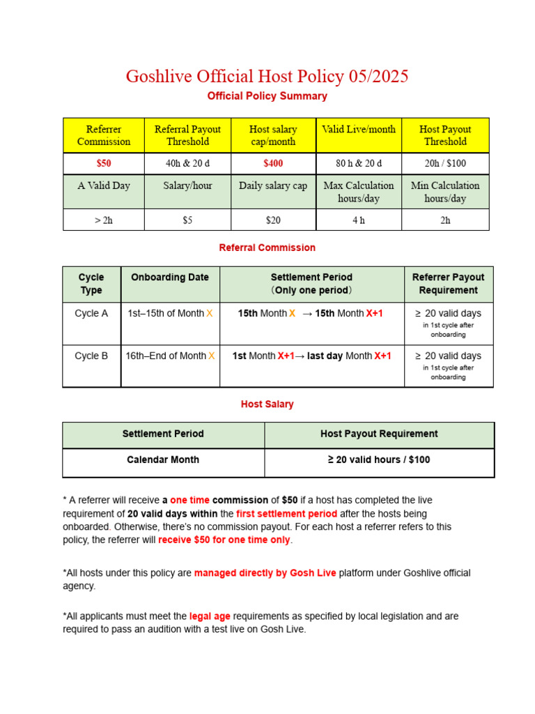 Gosh Live Host Policy Overview 2025 | PDF
