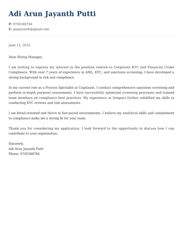 Adi Arun Jayanth Putti Letter | PDF