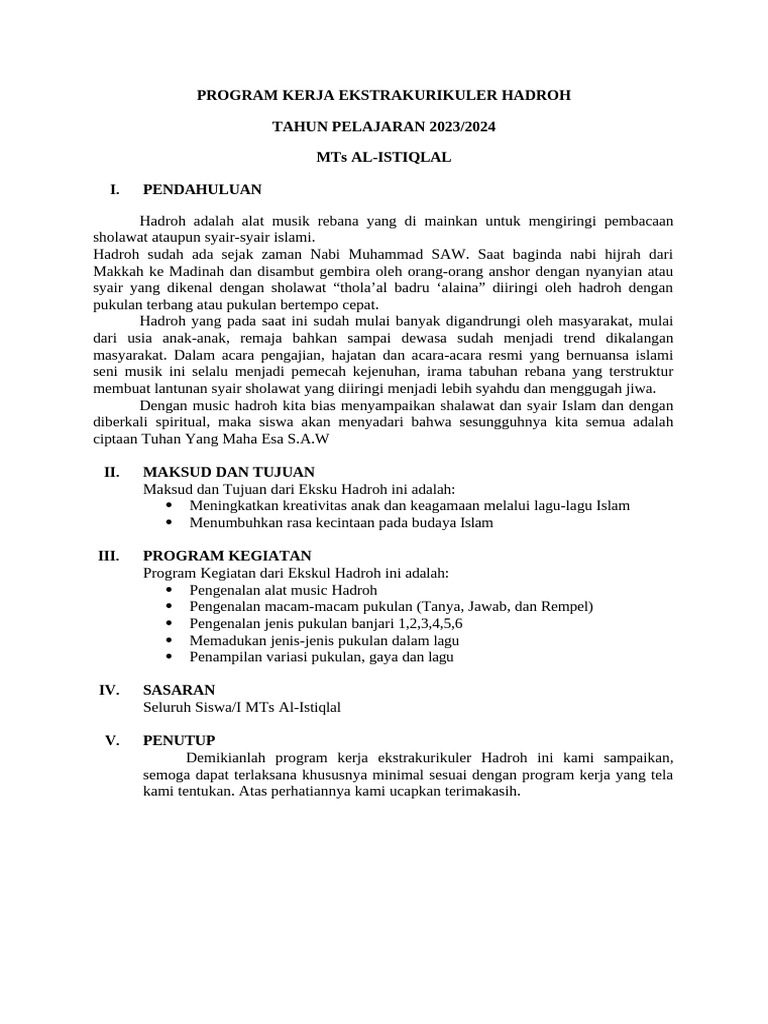Program Kerja Ekstrakurikuler Hadroh Compress | PDF