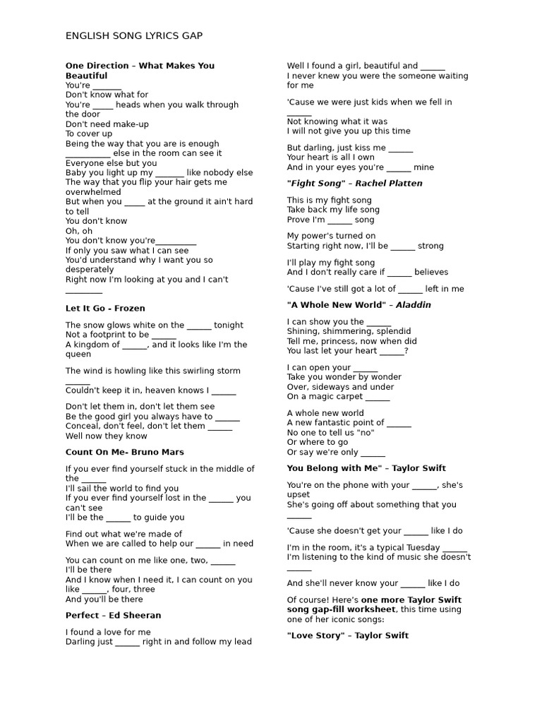 English Song Lyrics Gap Fill | PDF