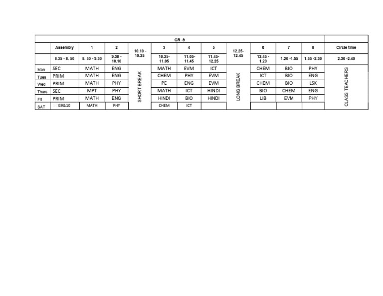 Grade 9 Weekly Class Schedule | PDF
