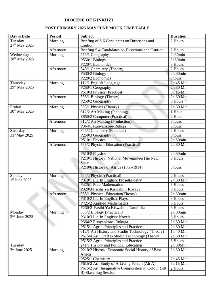2025 Mock Exam Timetable for S4/S6 | PDF