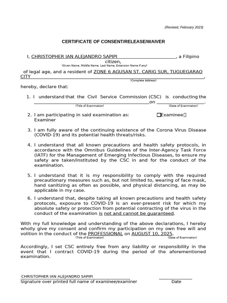 Certificate of Consent 2023 02 Rev | PDF | Emergency Management | Pandemic