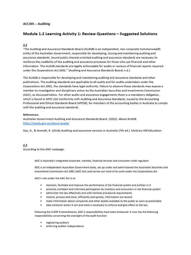 ACC305 Module 1.2 Learning Activity 1 Suggested Solutions | PDF | Audit ...