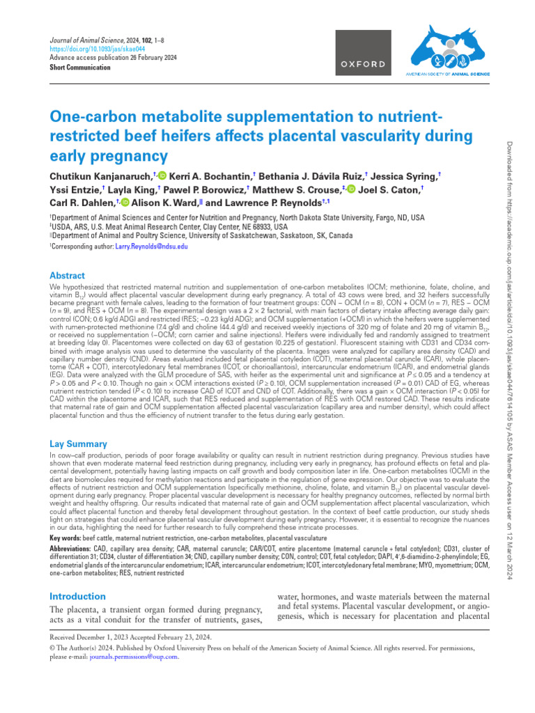 One-Carbon Metabolite Supplementation To Nutrient-Restricted Beef ...