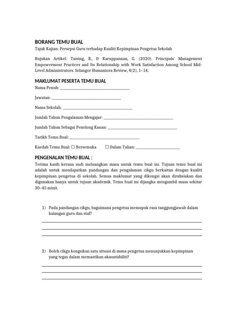Borang Temubual Educational Leadership | PDF