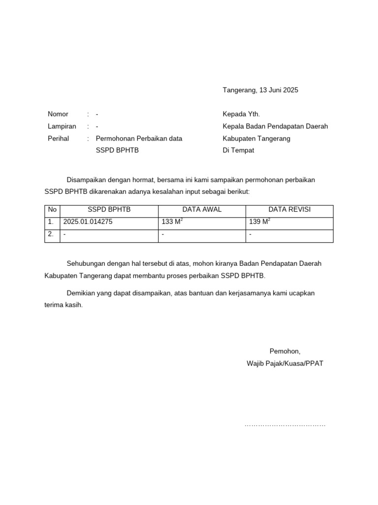 Permohonan Perbaikan SSPD BPHTB | PDF