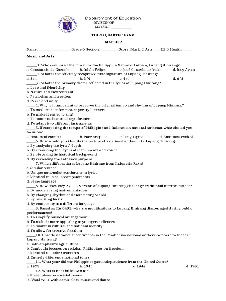 Mapeh 7 3rd Quarter Exam TOS and ANSWER KEY 1a4378330a | PDF | Diet (Nutrition) | Diet & Nutrition
