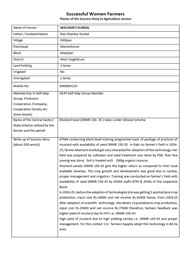 Success Story Machanti Kunkal Manjhari | PDF | Agriculture | Crop Yield