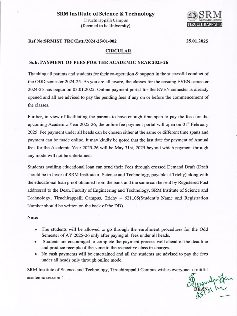 Srmist TRC - Fet - Fee Payment Circular - Ay 2025-26 | PDF