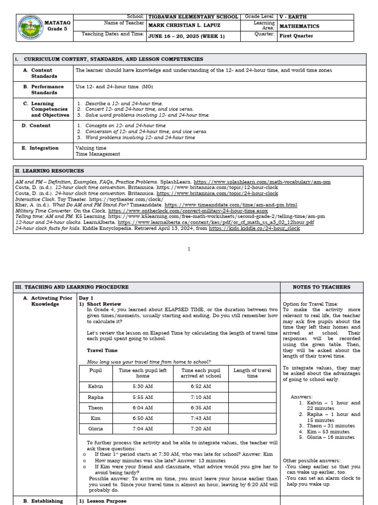 Math 5 DLL Matatag - q1 - w1 | PDF | Learning