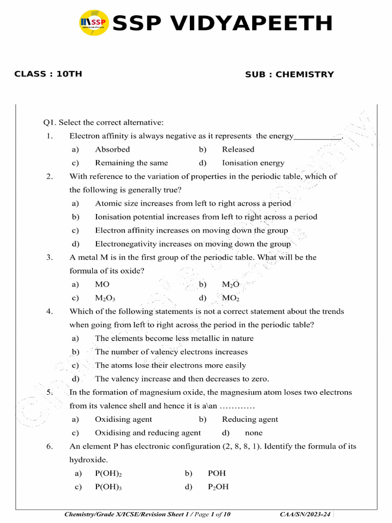 Grade 10 - Chem - Revision | PDF