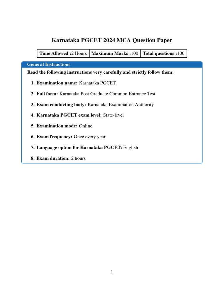 Krnataka 2024 PGCET MCA Question Paper | PDF | Byte | Computer Data Storage