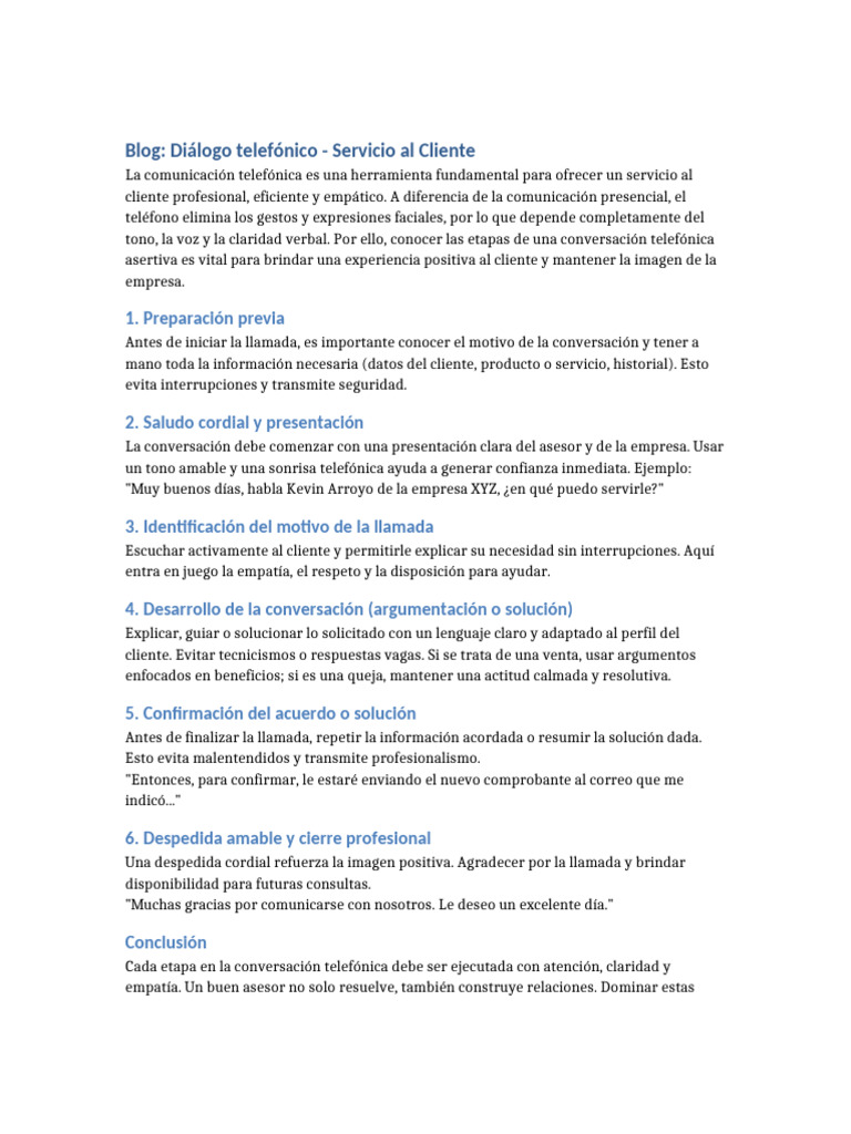 Guía de Diálogo Telefónico en Atención al Cliente | PDF | Comunicación ...