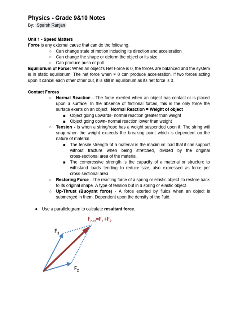 Grade 9-10 Physics Notes on Forces | PDF | Evaporation | Friction