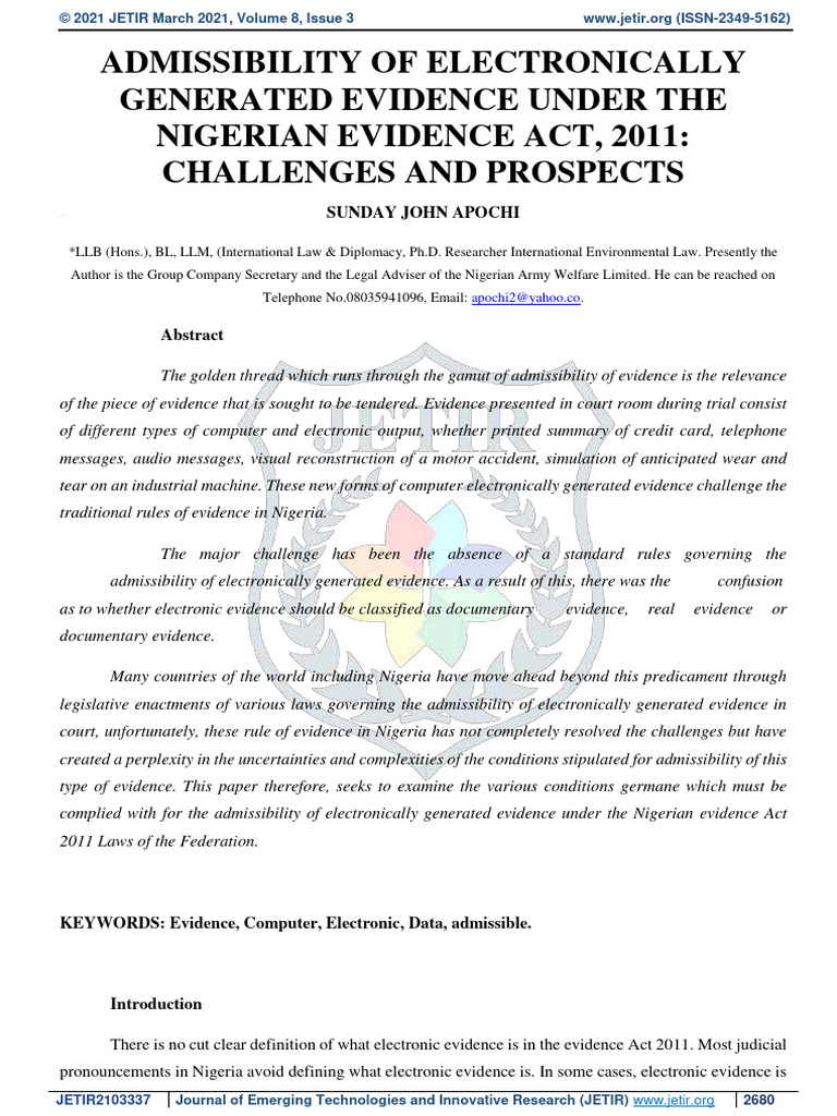 Admissibility of Electronic Evidence in Nigeria | PDF | Evidence ...