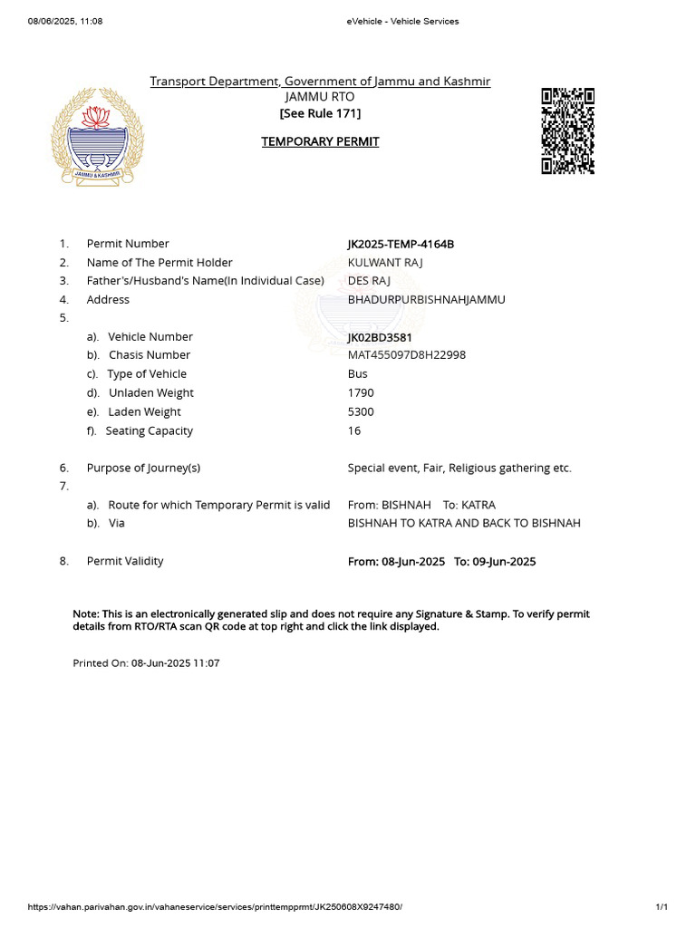 Jammu Temporary Vehicle Permit Details | PDF