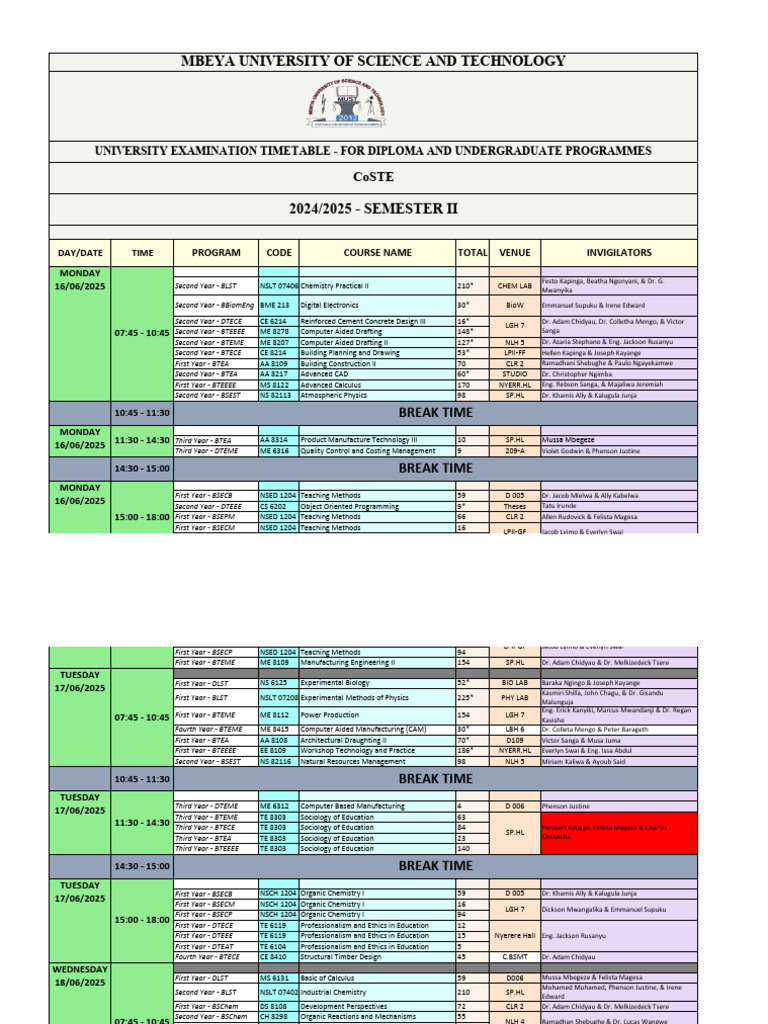Coste Ue Timetable 2024-2025 Semester II Final Draft | PDF