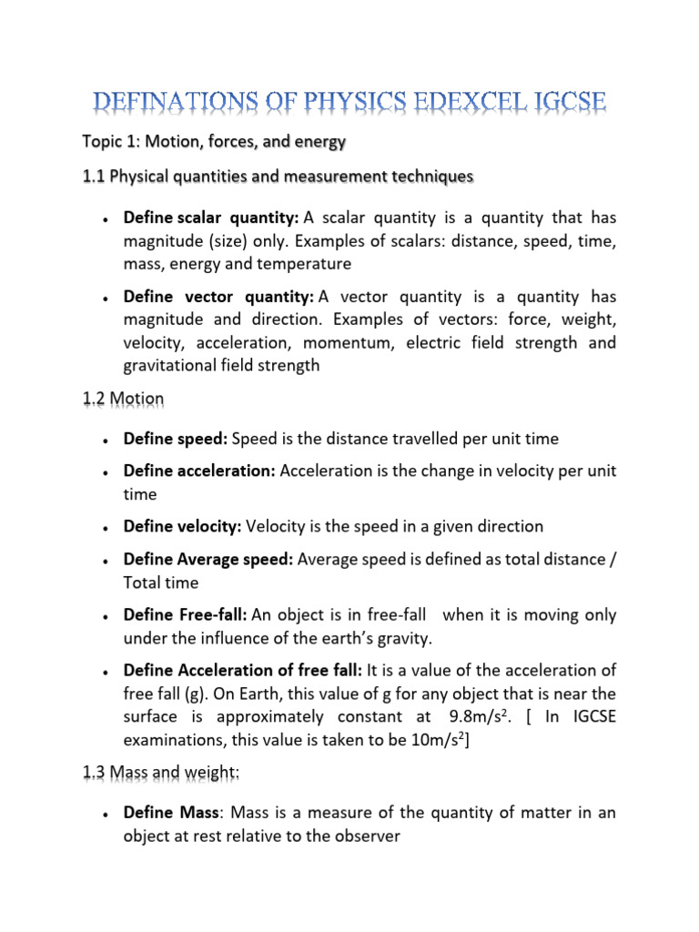 Definations of Physics Edexcel Igcse | PDF | Force | Velocity