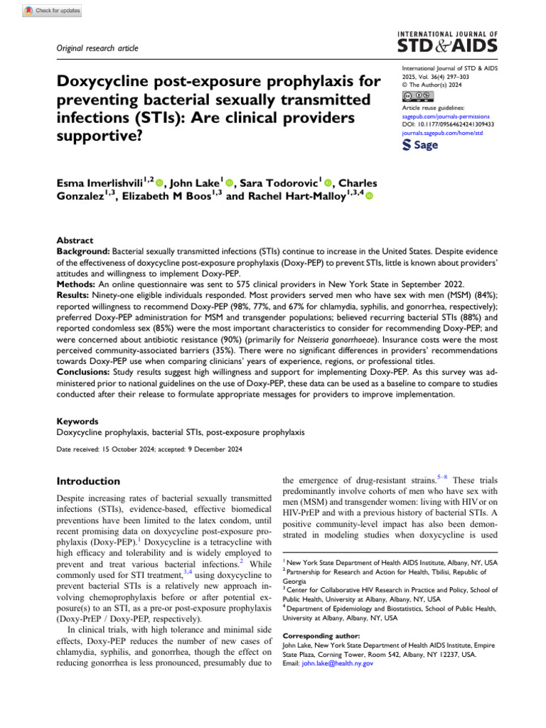 Imerlishvili Et Al 2024 Doxycycline Post Exposure Prophylaxis For Preventing Bacterial Sexually ...