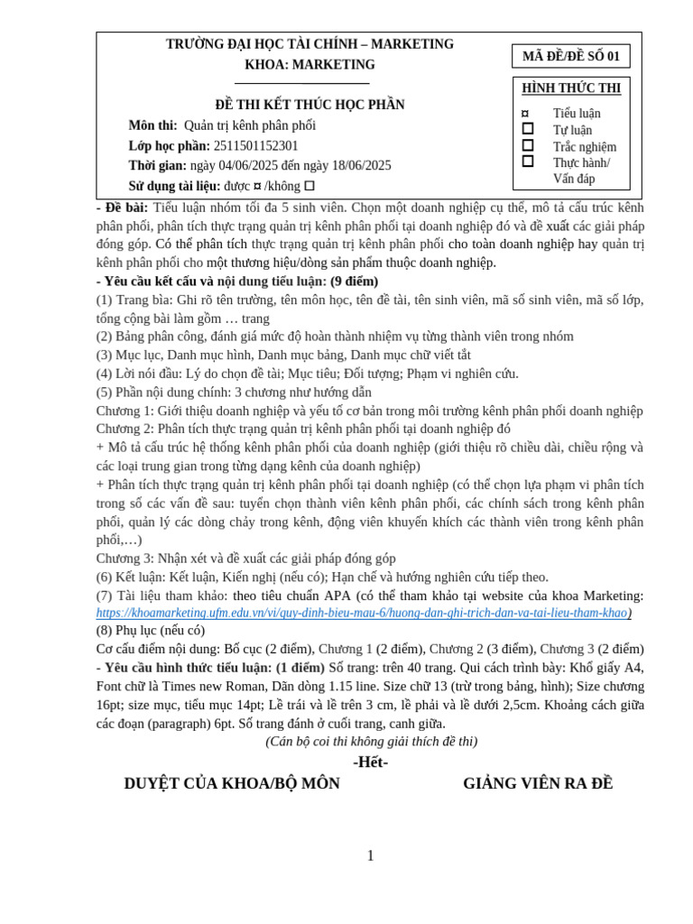 De THI KTHP - Quản Trị Kênh Phân Phối - VLVH-2511501152301 - 4-6 Đến 18-6 | PDF