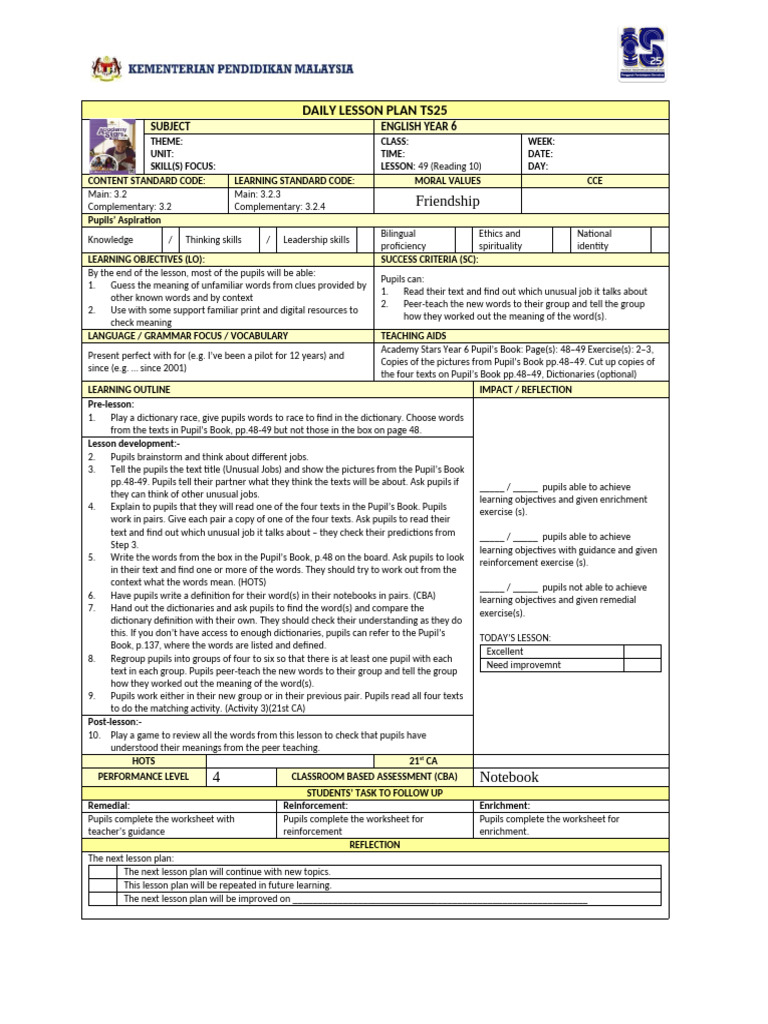 9.4 Bi Y6 LP Ts25 (Unit 4 - Cool Jobs - LP 49-64) | PDF | Lesson Plan ...