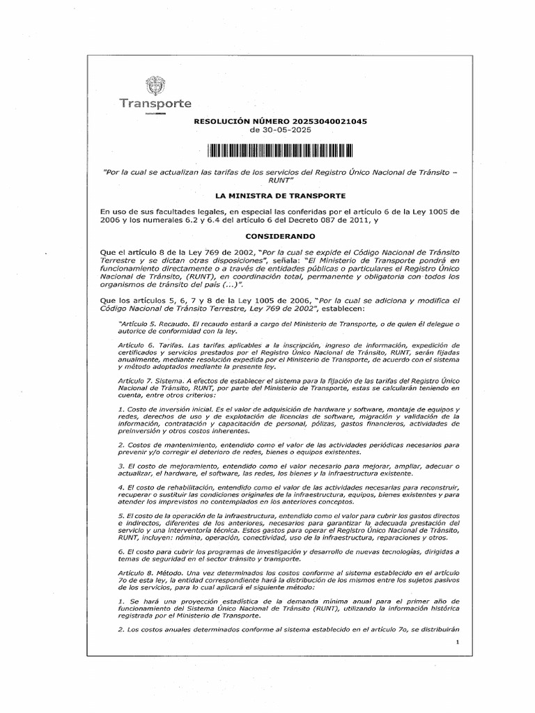 Cambio de Tarifas en Servicios Del RUNT | PDF