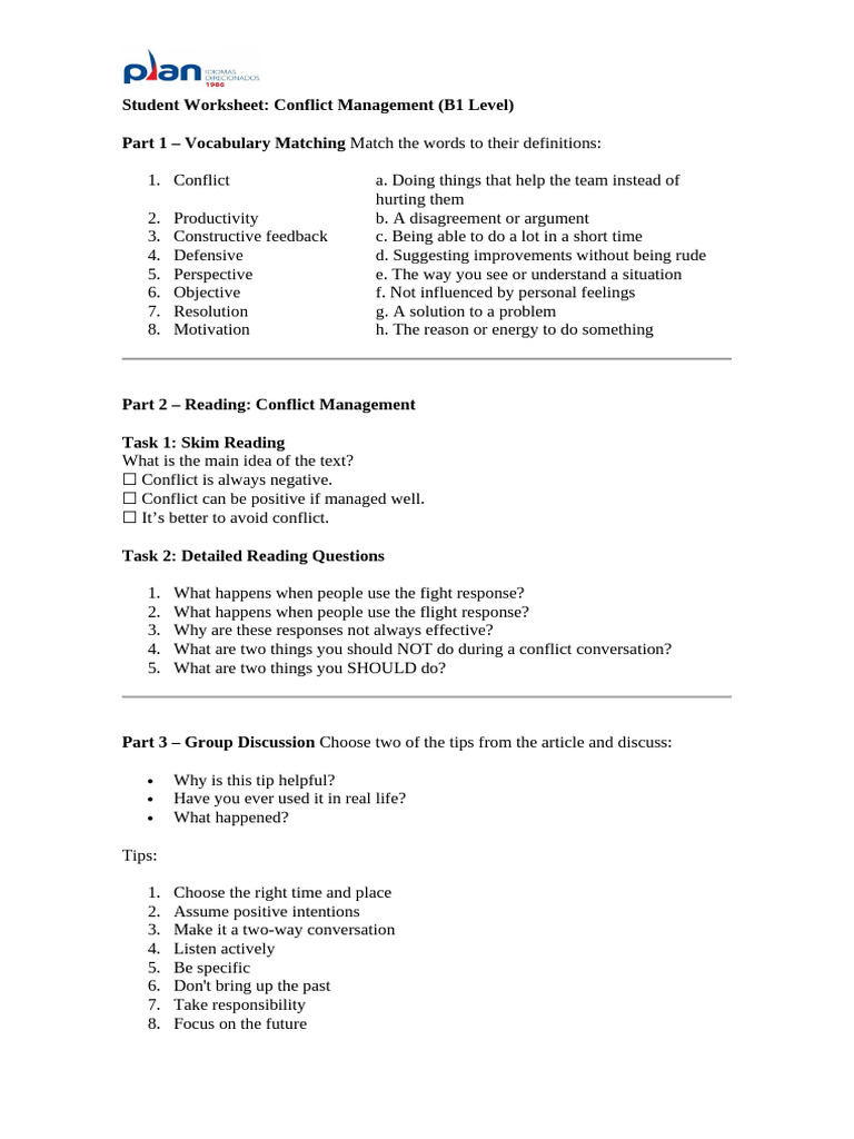 Student Worksheet - Conflict Management (B1 Level) | PDF | Motivation ...