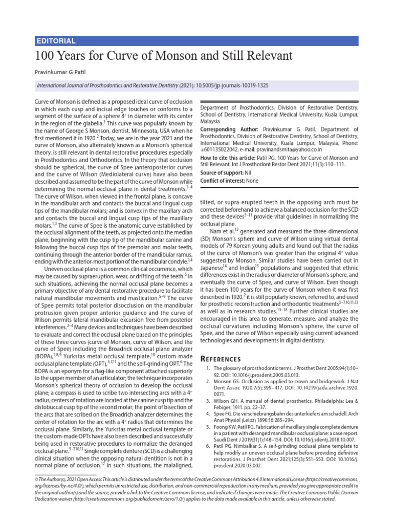 100 Years of The Monson Curve - References | PDF | Dentistry ...