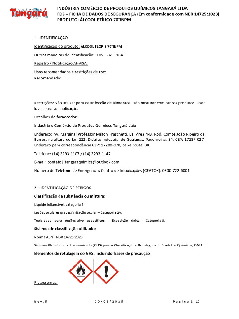 Ficha de Segurança do Álcool Etílico 70% | PDF | Cloro | Etanol