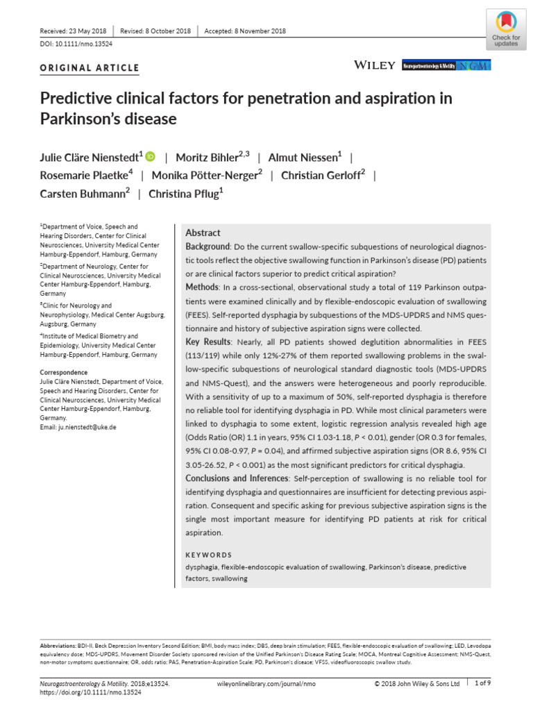 Predictive Clinical Factors For Penetration and Aspiration in | PDF | Neurology | Diseases And ...