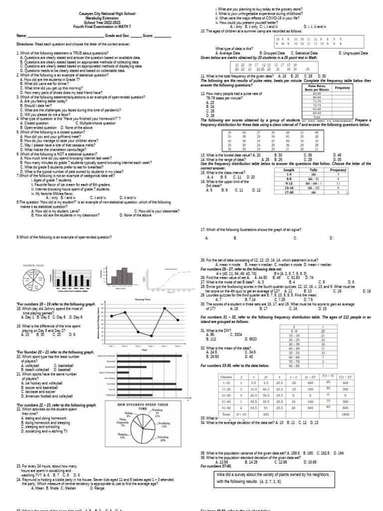 4th Quarter Exam. - Math 7, Mapeh 8, Mapeh 9, Esp 10 | PDF