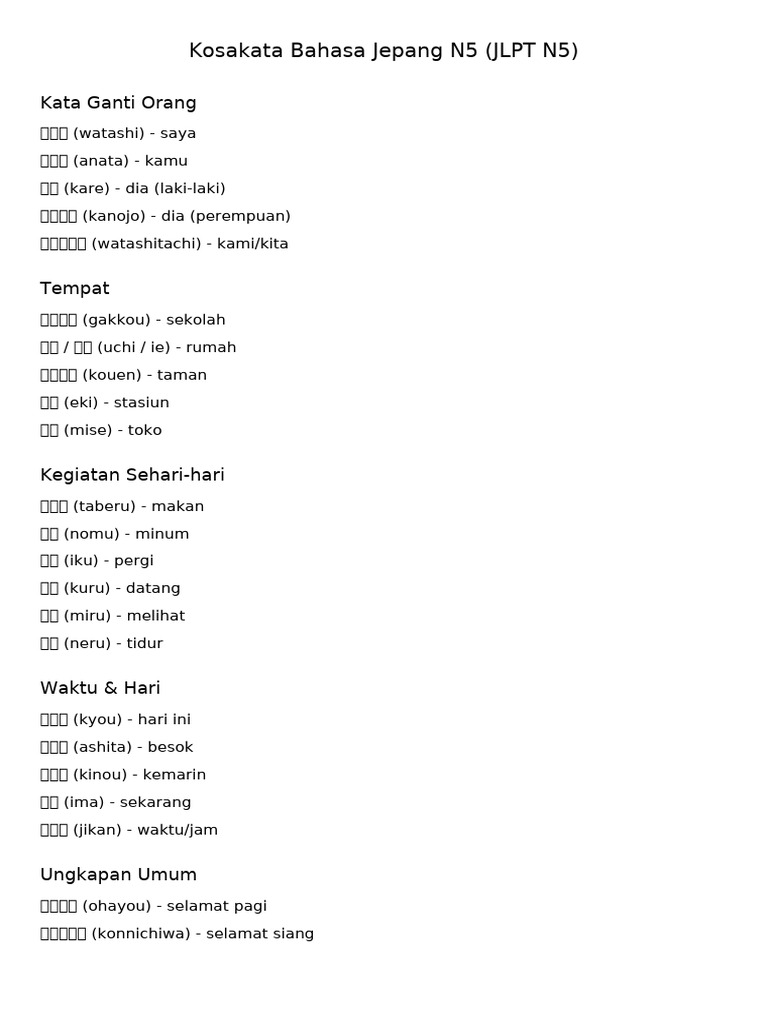 Kosakata N5 Bahasa Jepang | PDF