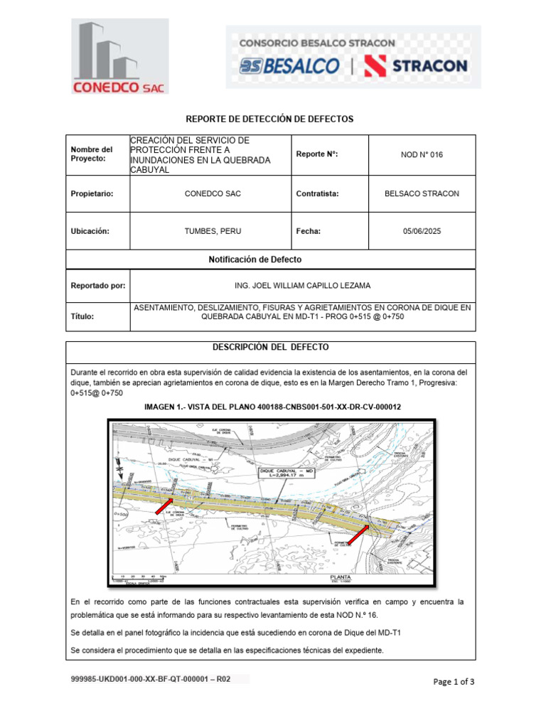 Informe de Defectos en Quebrada Cabuyal | PDF
