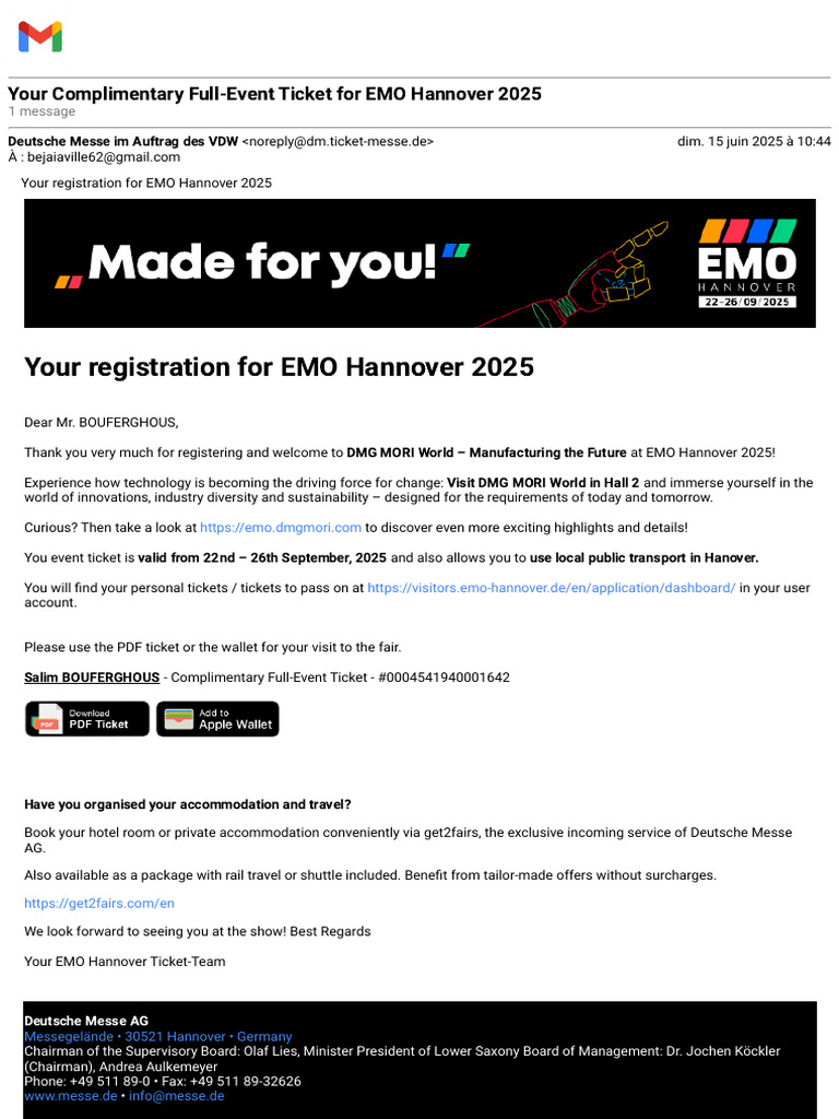 Gmail - Your Complimentary Full-Event Ticket For EMO Hannover 2025 | PDF