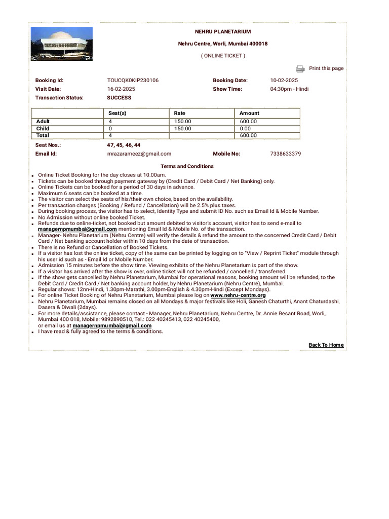 Nehru Planetarium Ticket Info & Booking | PDF | Credit Card | Debit Card