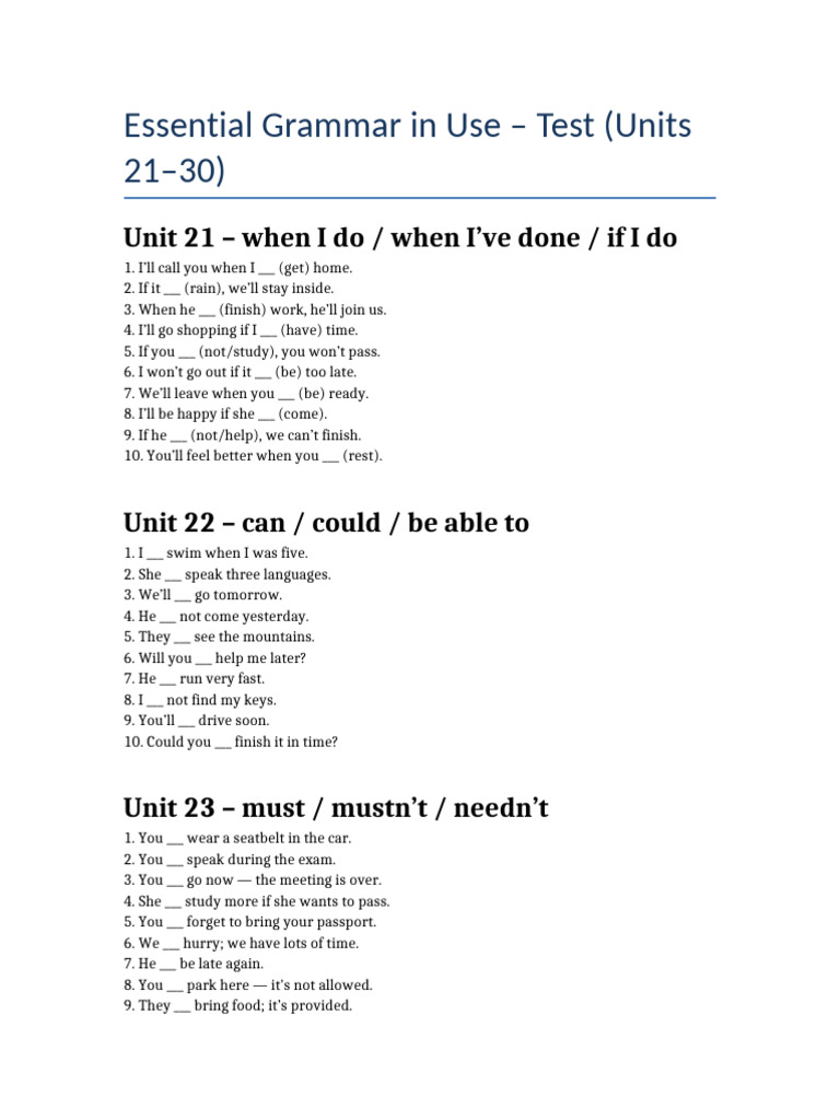 Essential Grammar Test: Units 21-30 | PDF