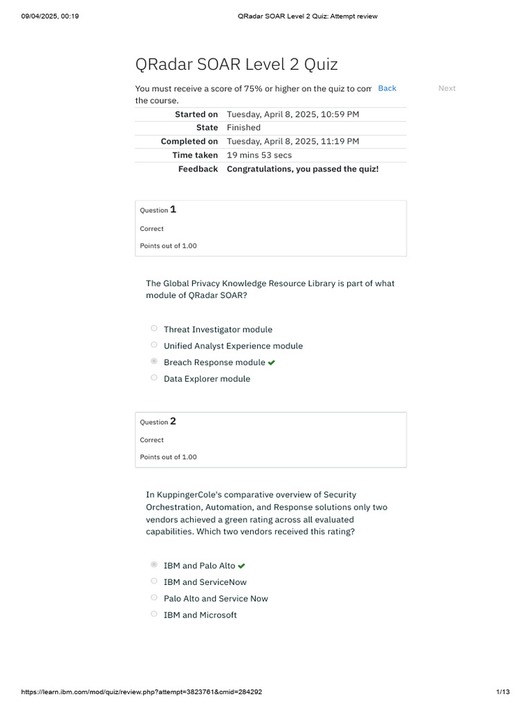 QRadar SOAR Level 2 Quiz - Attempt Review | PDF | Cloud Computing ...