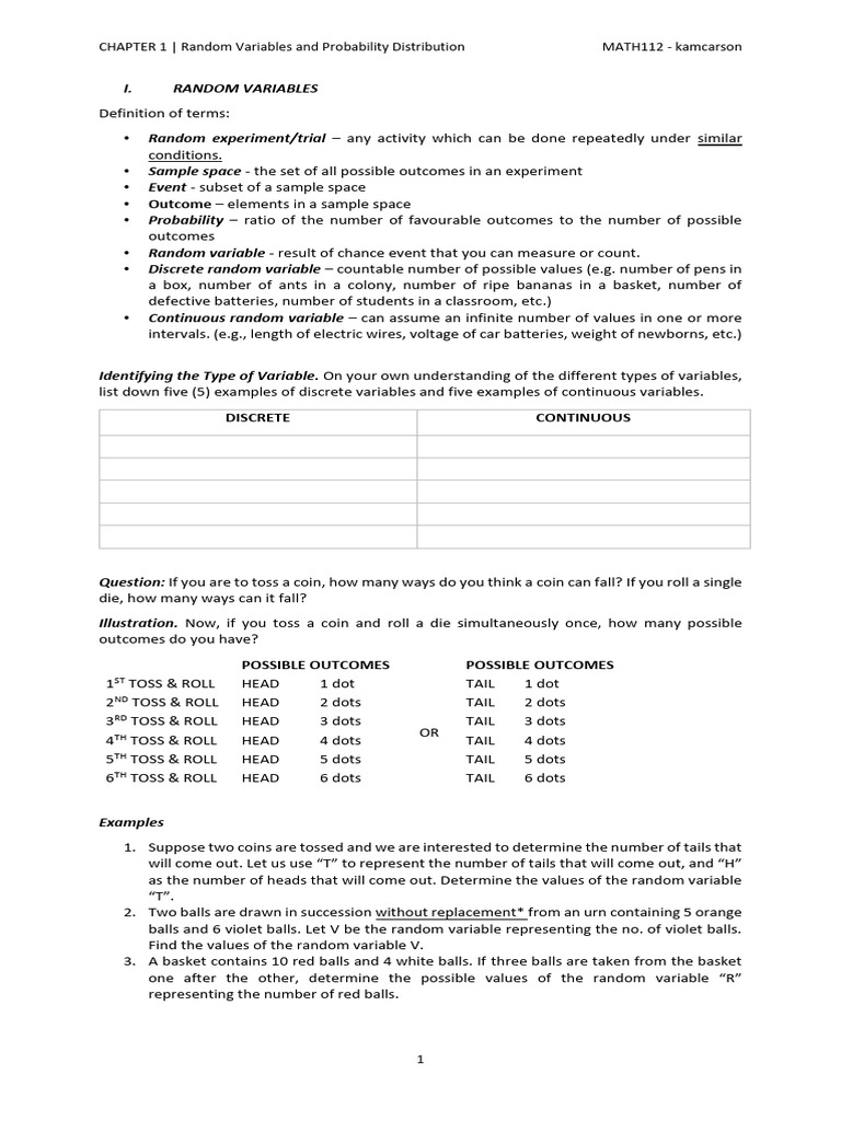 Chapter 1 - Random Variables and Probability Distribution | PDF | Probability Distribution ...