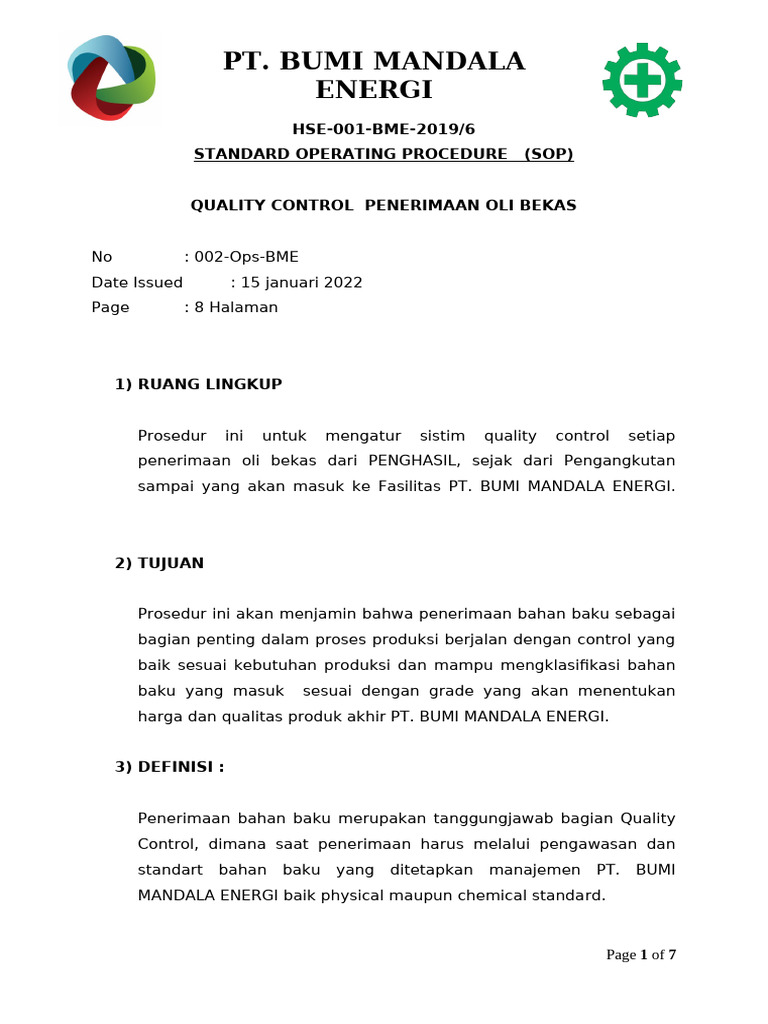 B. SOP Penerimaan Bahan Baku | PDF