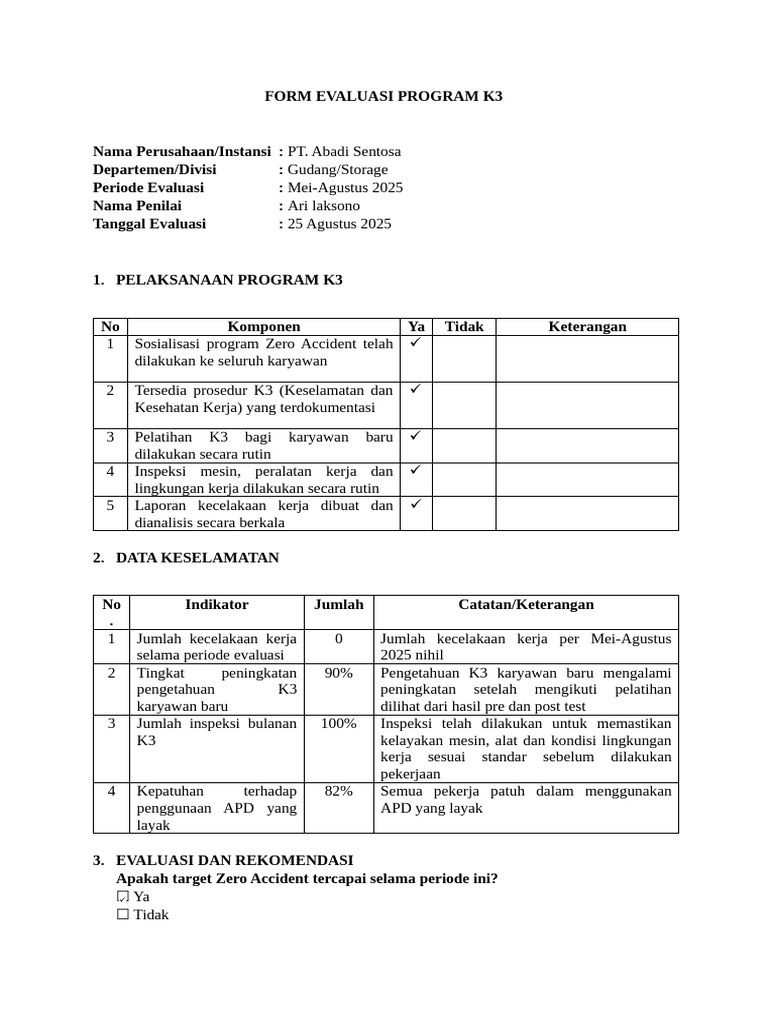 Contoh Form Evaluasi Program k3 | PDF