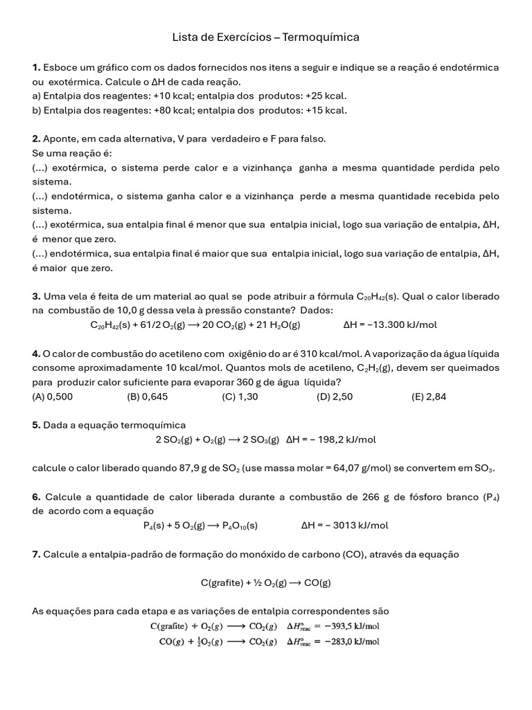 Lista de Exercícios - Termoquímica | PDF