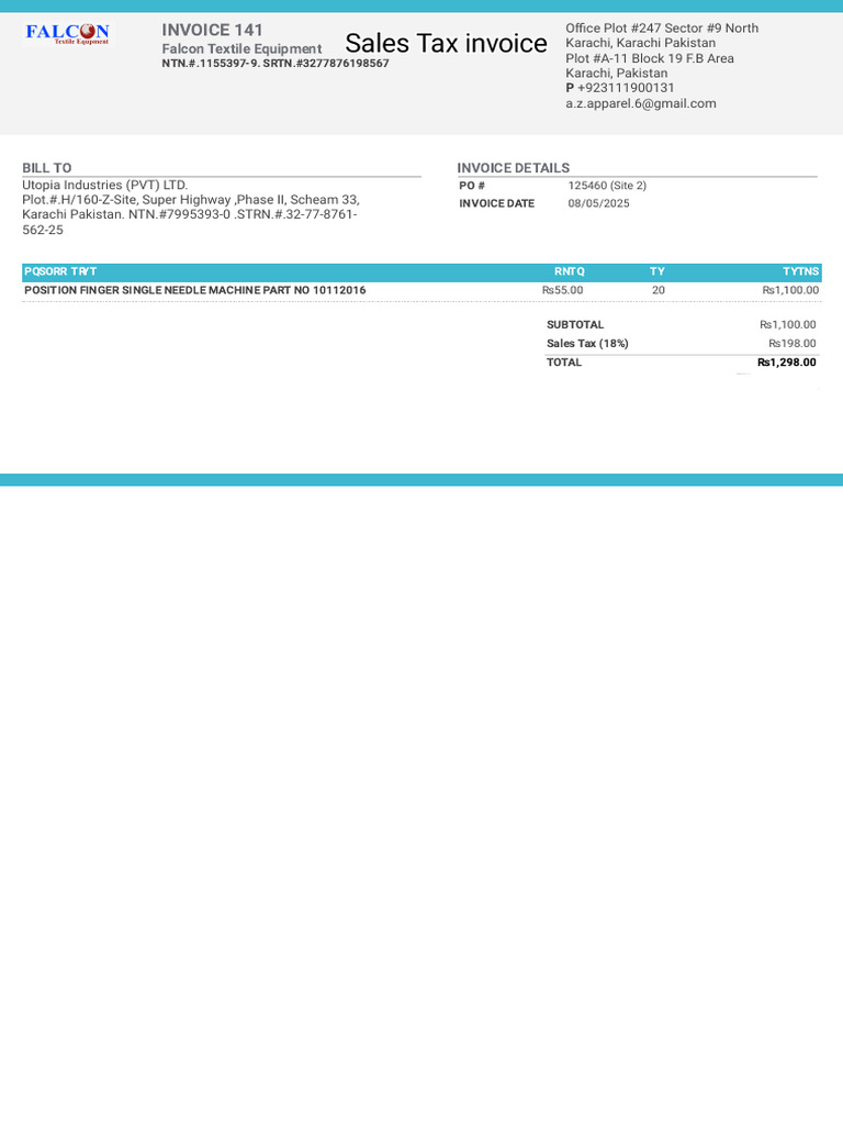 Falcon Textile Equipment: Description Rate QTY Total | PDF