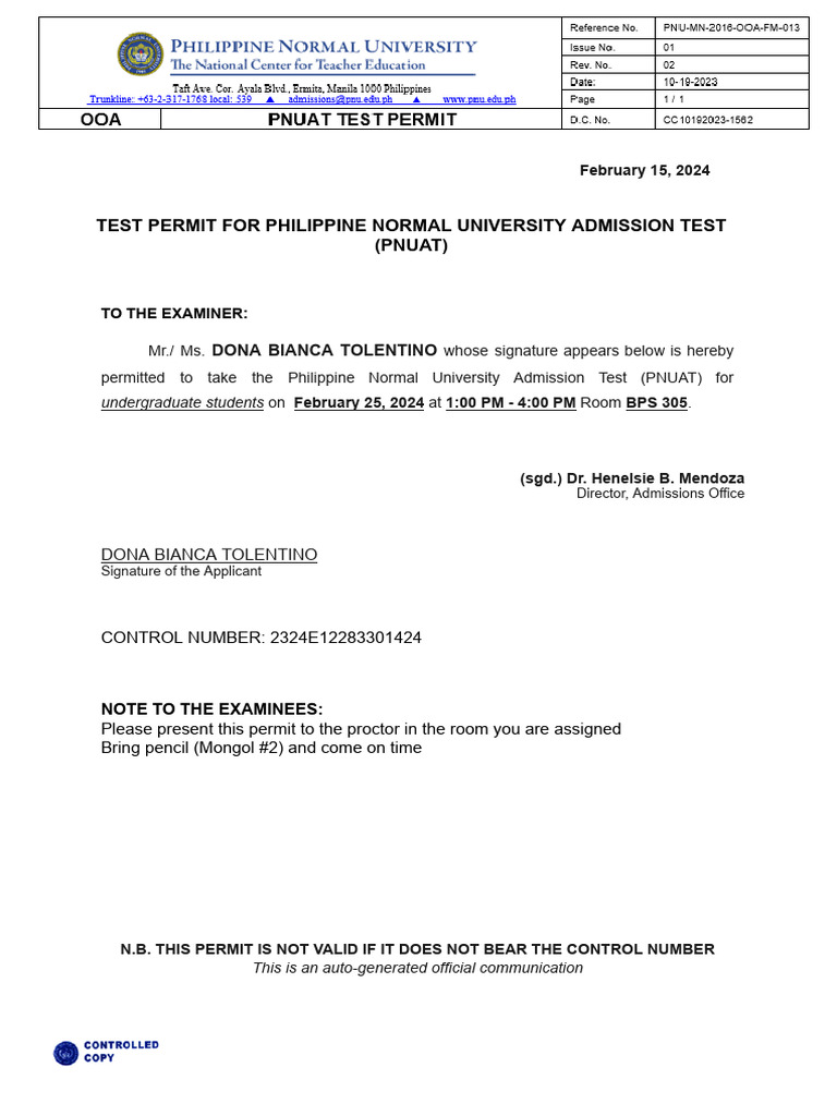 Pnuat 2024 Test Permit Tolentino Dona Bianca | PDF